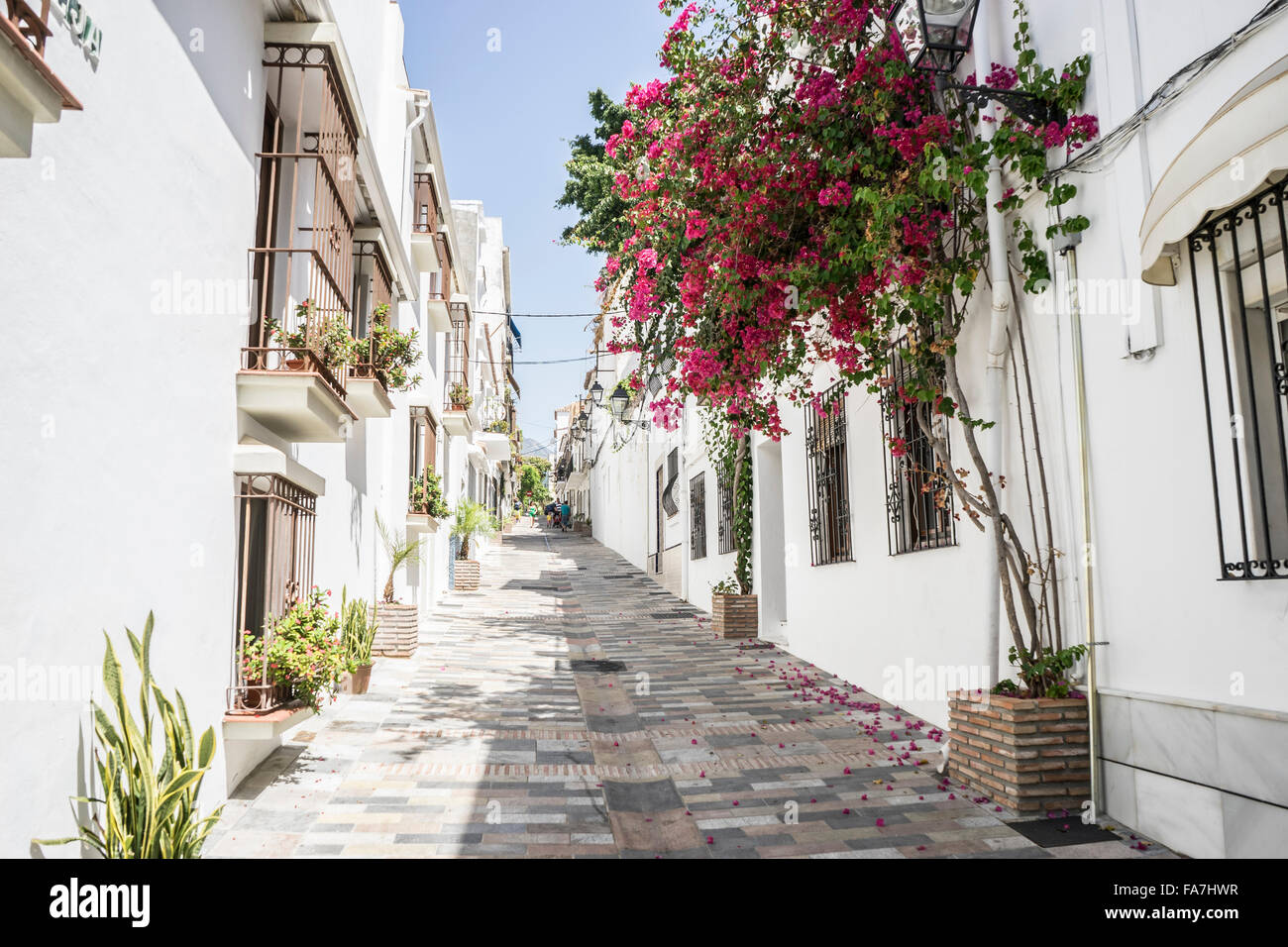 typical Andalusian streets and balconies with flowers in Marbella ...