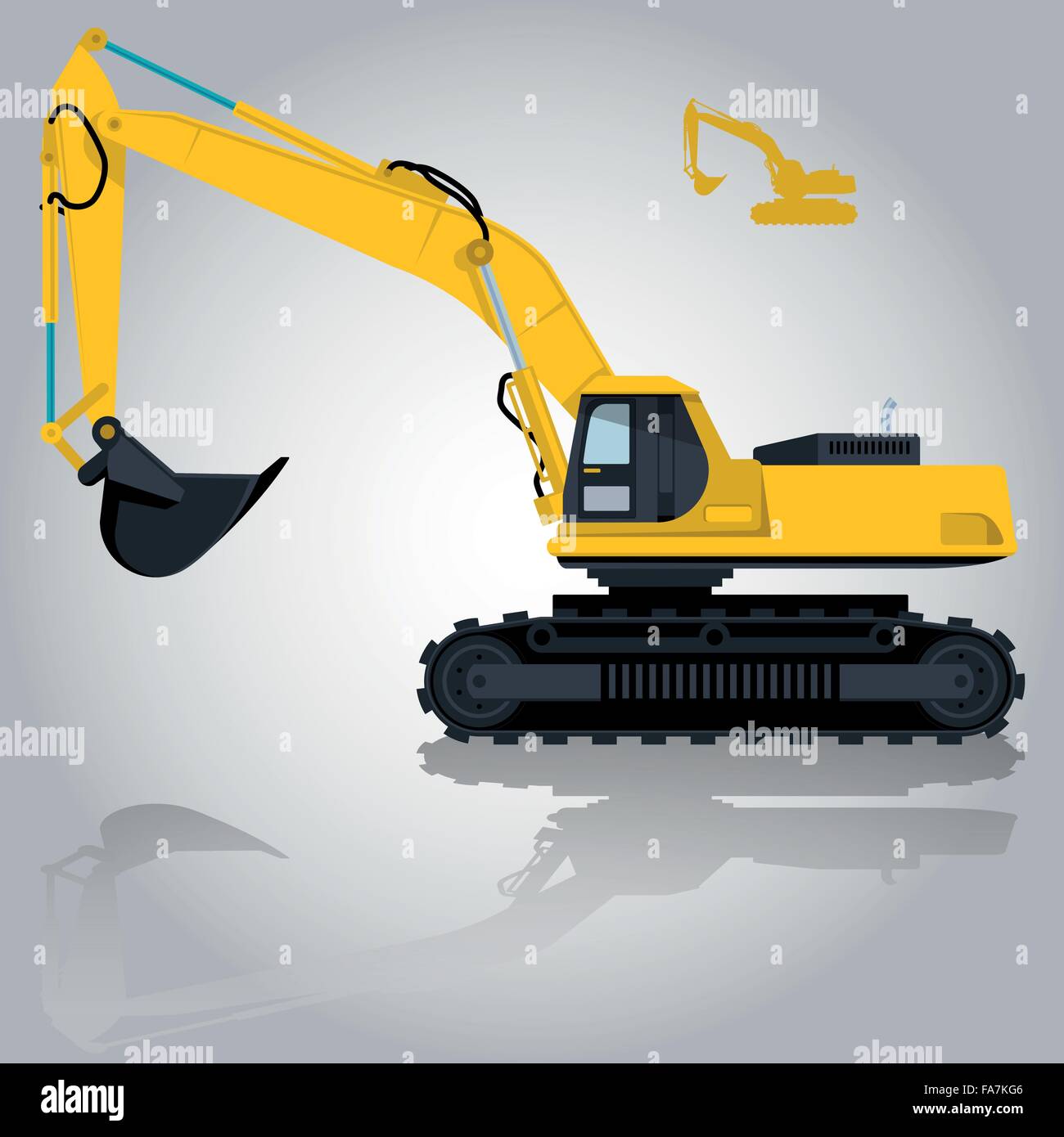 Yellow big digger builds roads. Ground works. Digging vehicle of sand ...