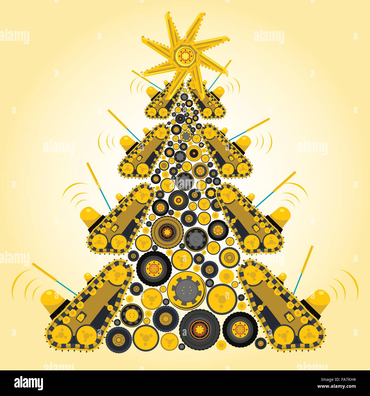 Bizarre machine Christmas tree build from ground works wheels yellow ...