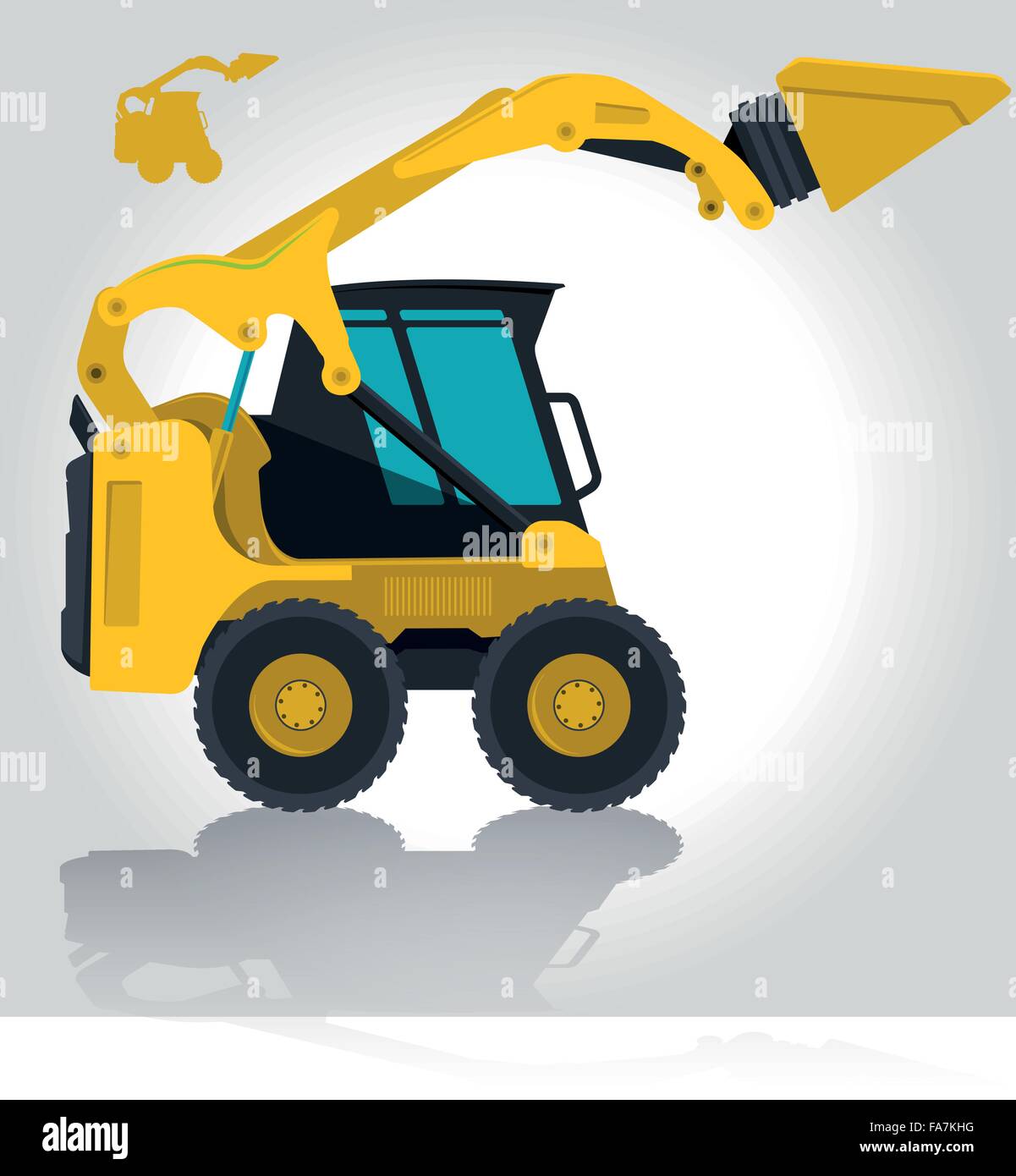 Yellow small digger builds roads, loads building material. Bagger ...