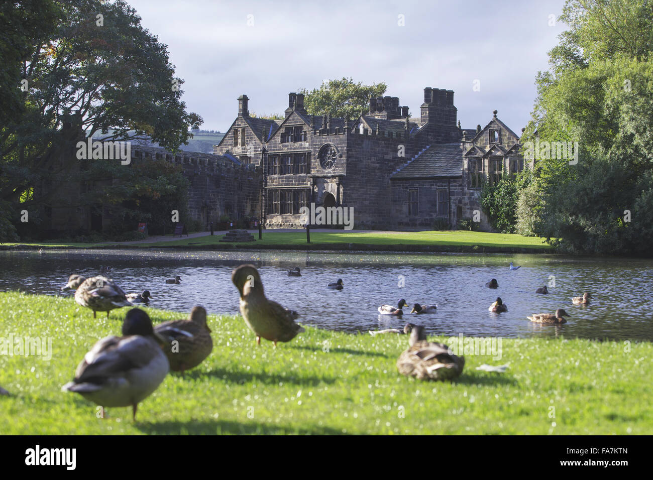 The pond in front of the manor house at East Riddlesden Hall, West ...
