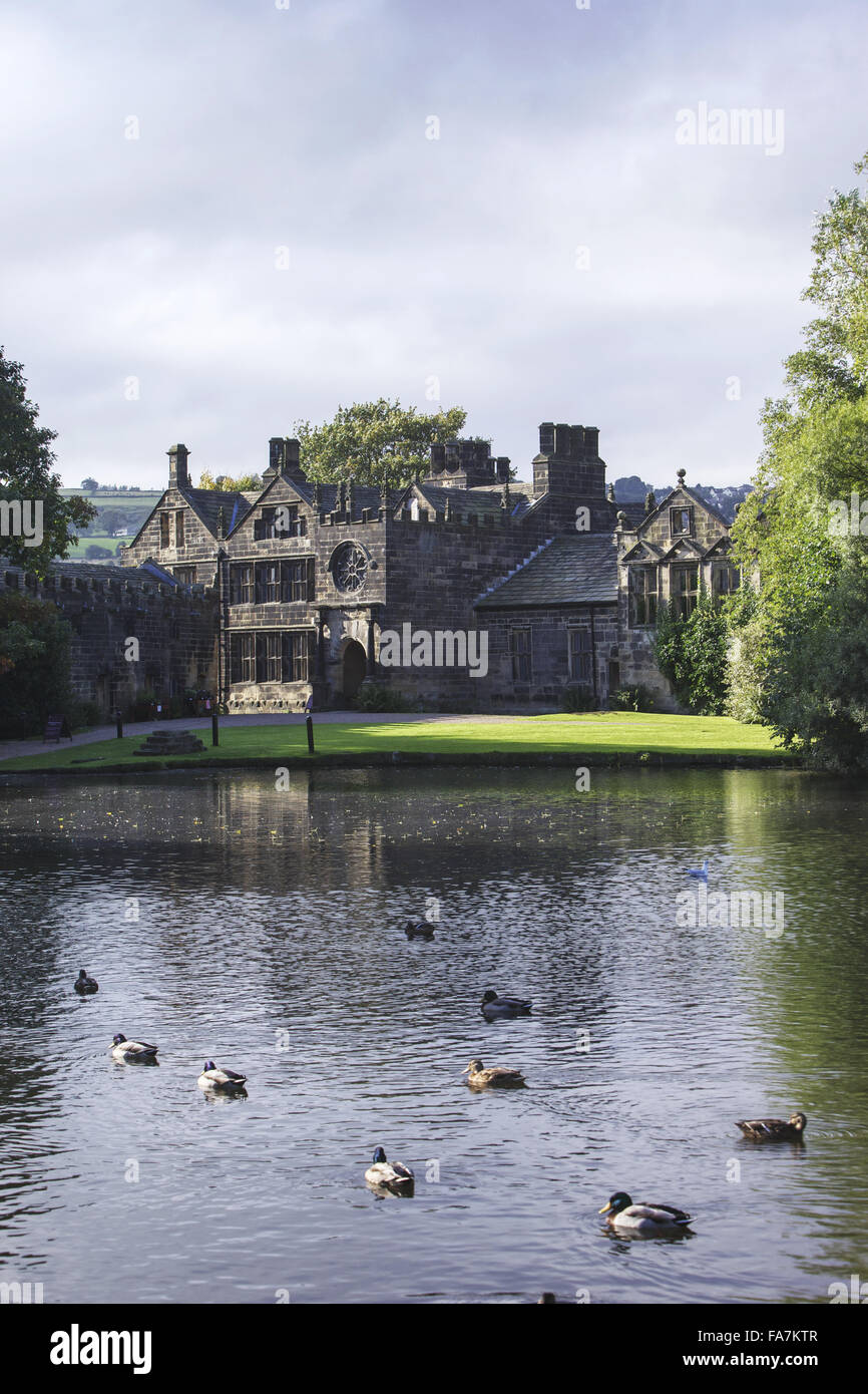 The pond in front of the manor house at East Riddlesden Hall, West ...