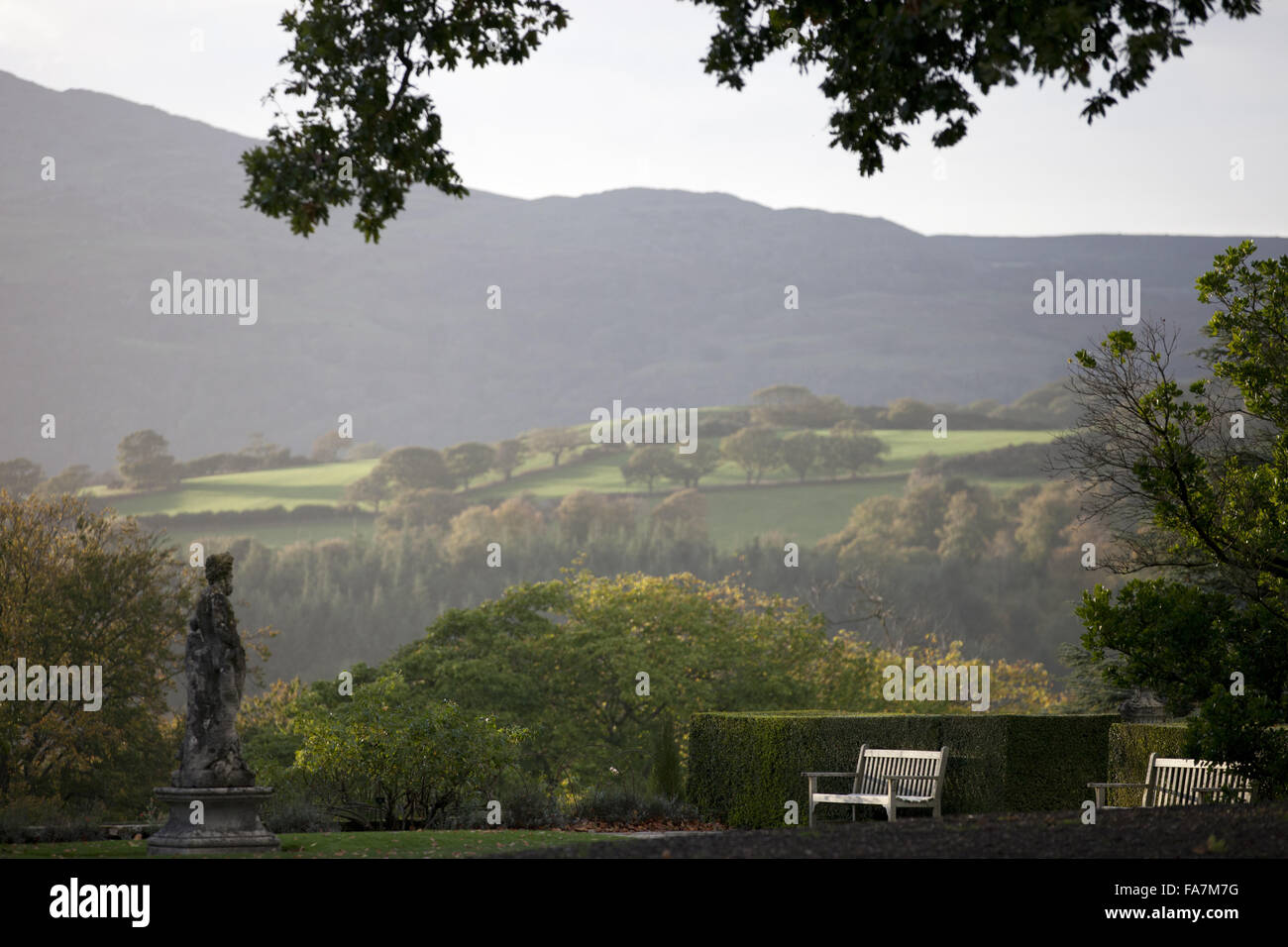View of Bodnant Garden, Conwy, Wales, with the Snowdonian Mountains ...