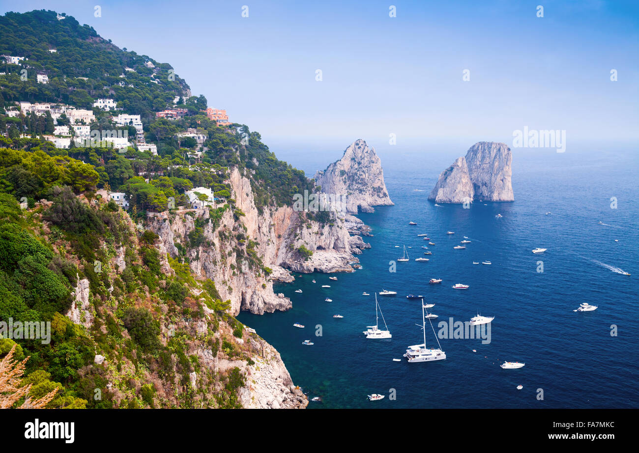 Capri island, Italy. Mediterranean Sea Coastal landscape with yachts ...