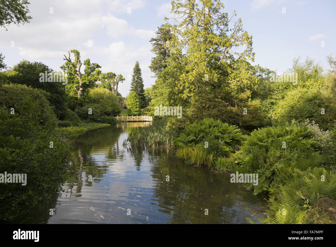 Evening light on the Chinese bridge and lake in the garden created by ...