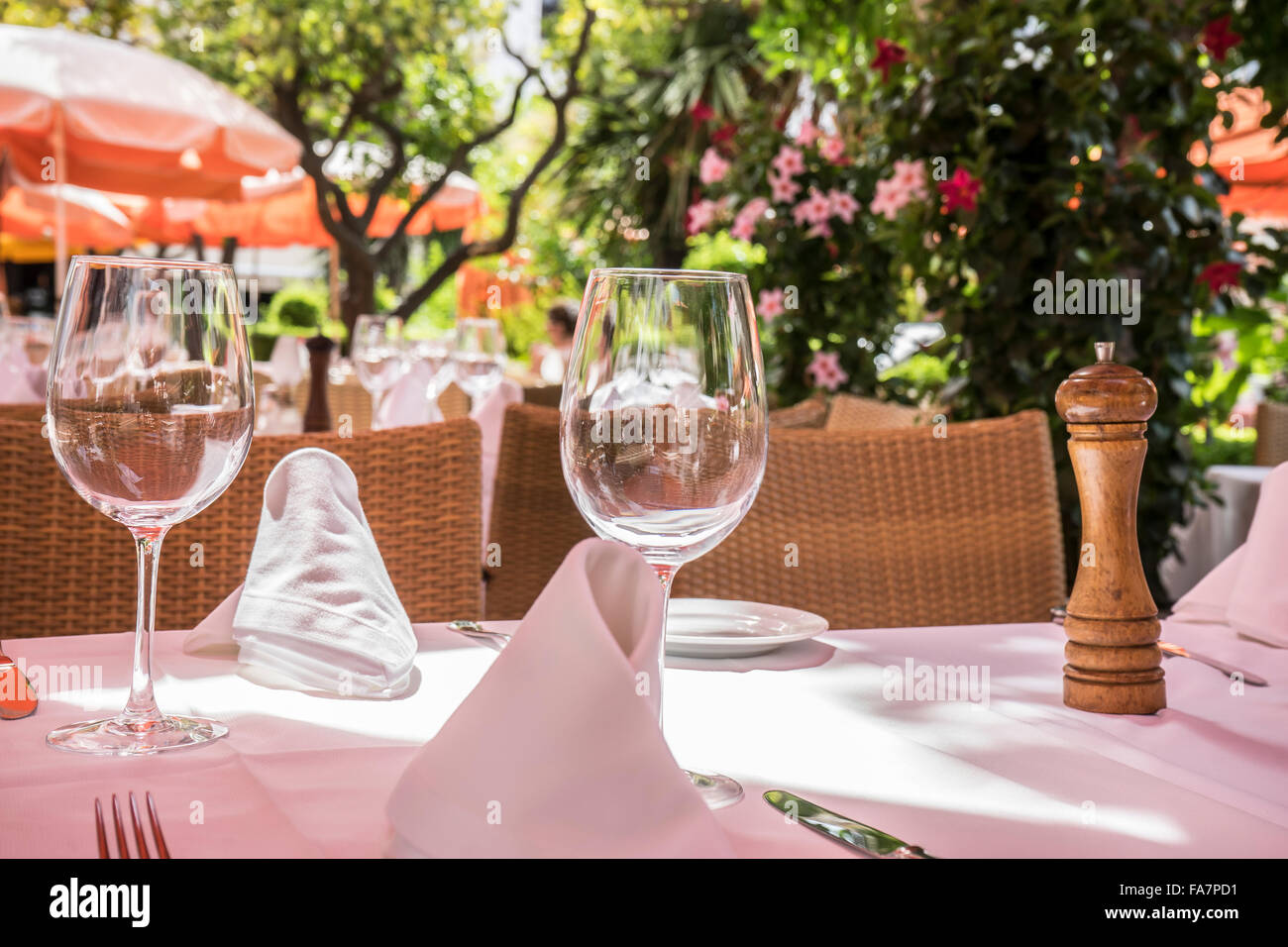 summer terrace with drinks and meals ready to eat, Marbella Spain Stock ...