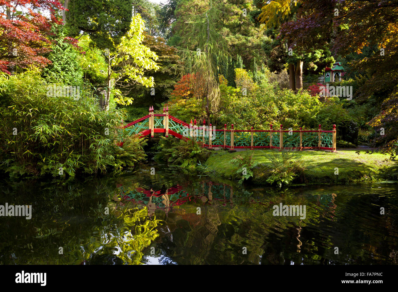 Bridge over the pool in China in autumn at Biddulph Grange Garden ...