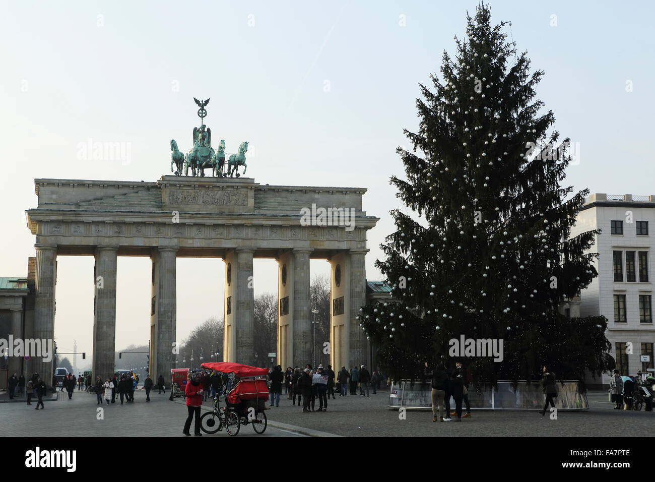 The Brandenburg Gate in Berlin, Germany. A Christmas tree stands by the ...