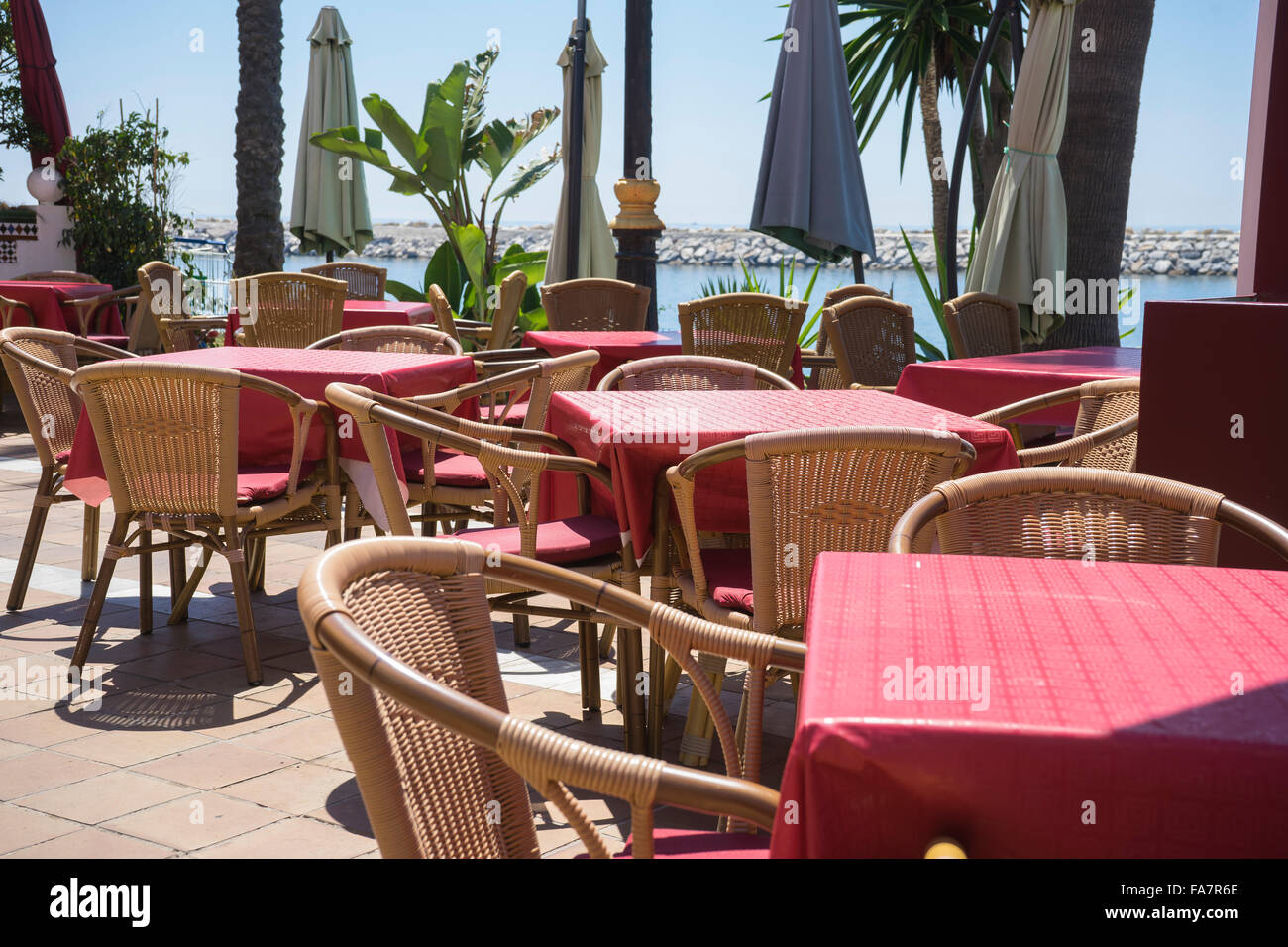 summer terrace with drinks and meals ready to eat, Marbella Spain Stock ...