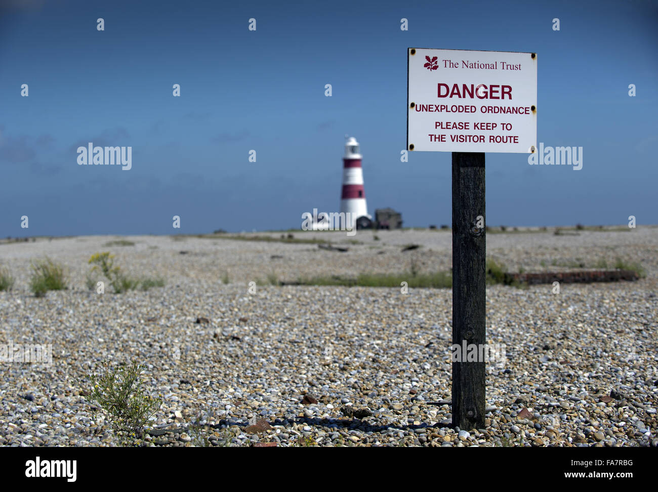 Danger sign warning about unexploded ordnance at Orford Ness National ...