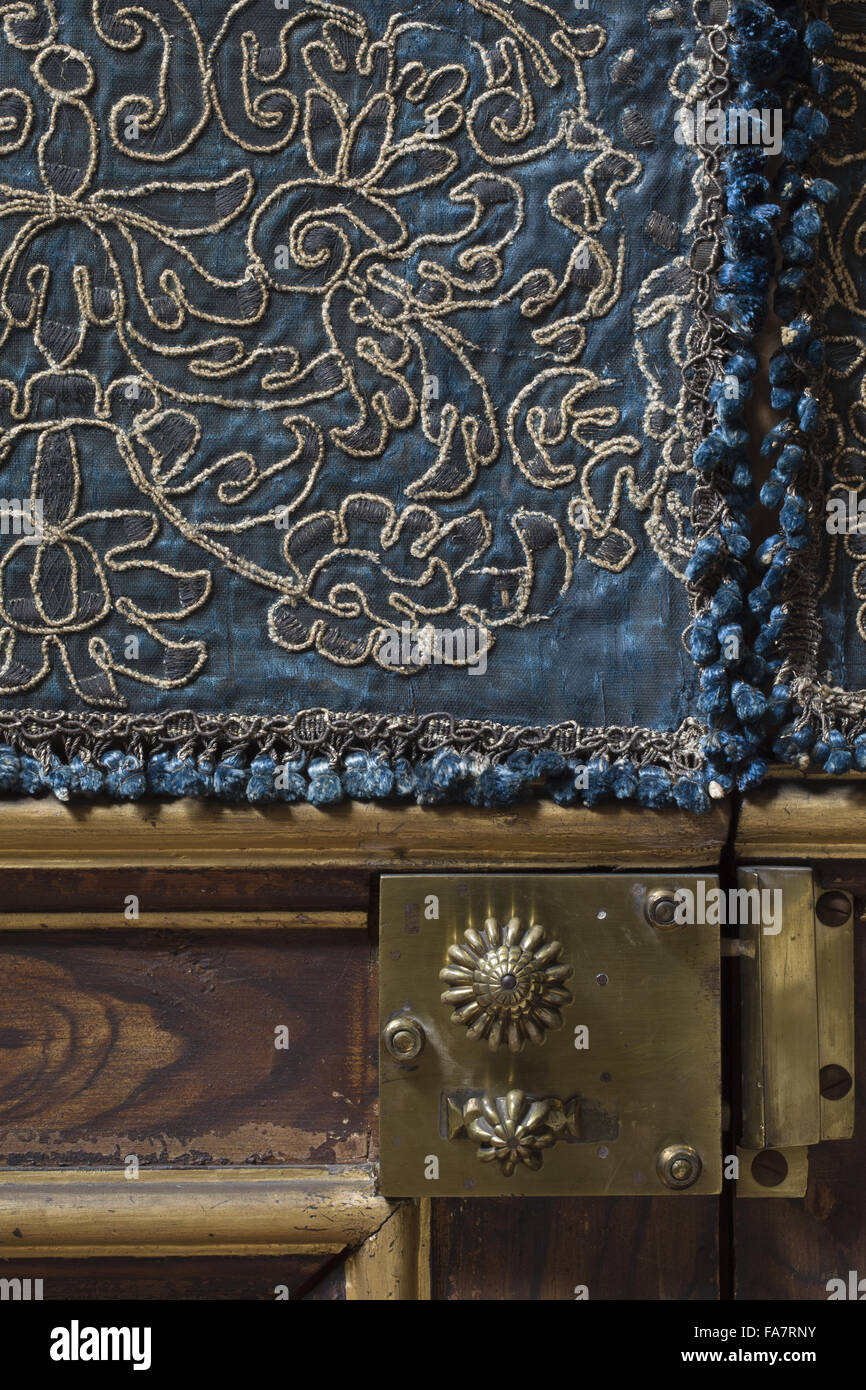 Queen's Antechamber wall hangings at Ham House, Surrey. A close view of ...