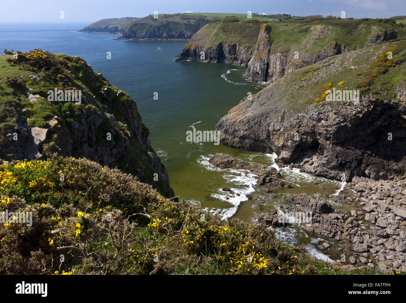 View across the cliffs at Lydstep Headland in Pembrokeshire, Wales ...