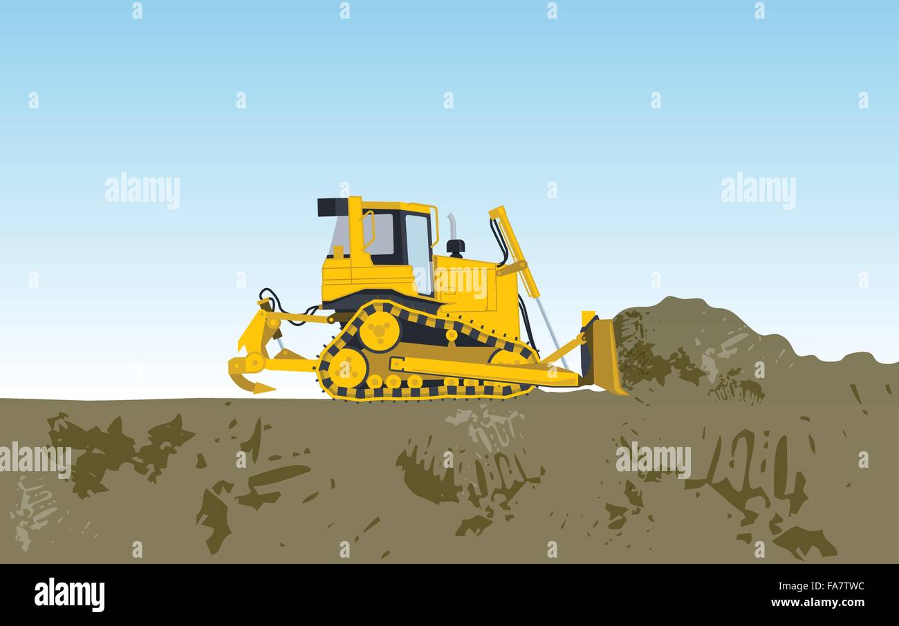 Yellow big digger builds roads gigging of hole ground works digging of ...