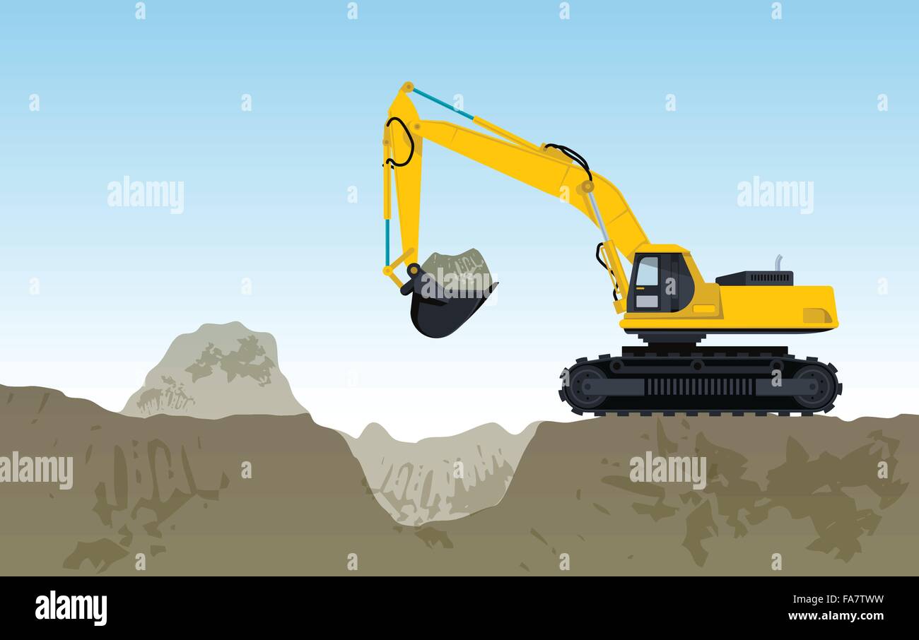 Yellow big digger builds roads gigging of hole ground works digging of ...