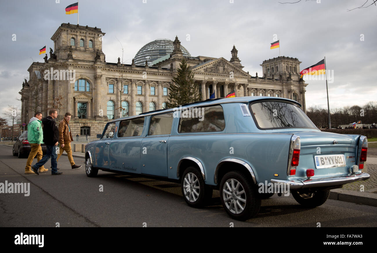 A Trabbi XXL (elongated Trabant car), 7.05 Metres long, parked in front ...