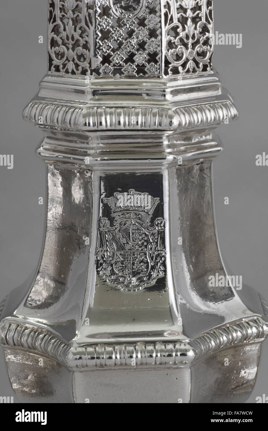Detail showing the crest engraving on a castor by Paul de Lamerie, 1723 ...