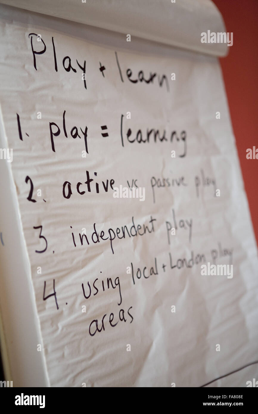Flip chart with hand written text expaining links between play and ...