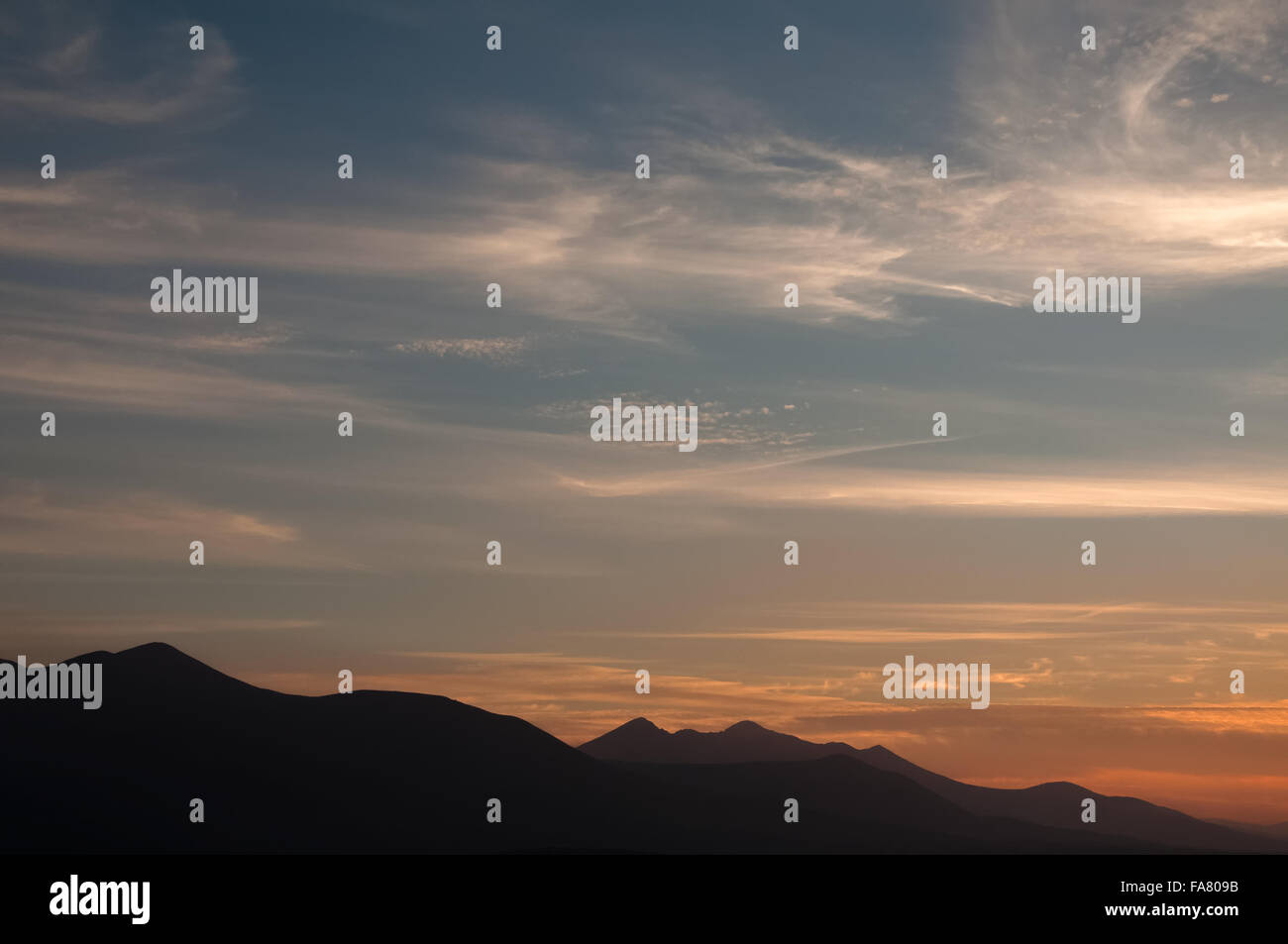 The McGillycuddy's Reeks mountain ridge contours at dusk in County ...