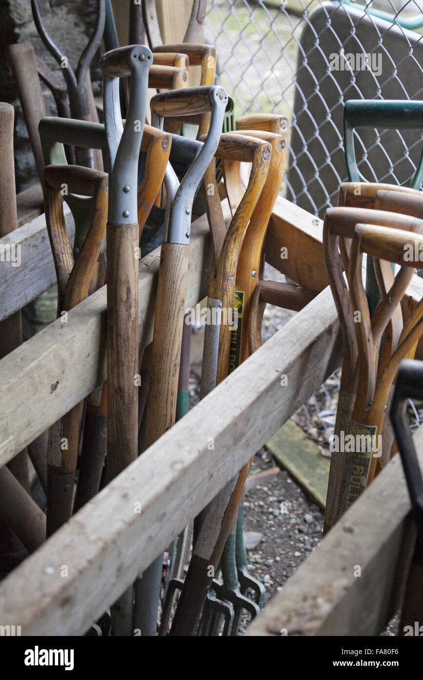 The spade rack in the garden tool store in the Bothy at Greenway, Devon ...
