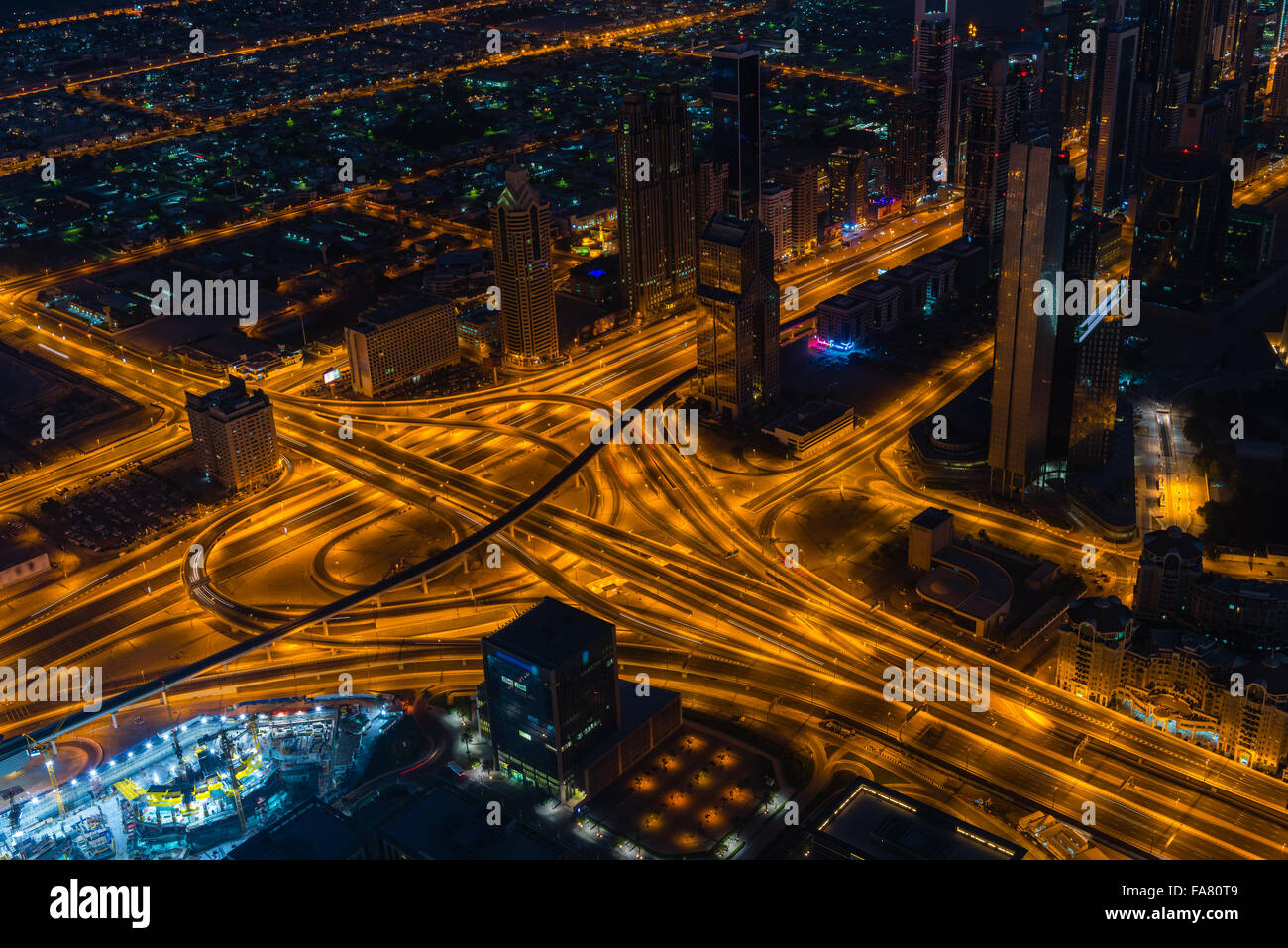 Dubai downtown night scene with city lights. Top view from above Stock ...