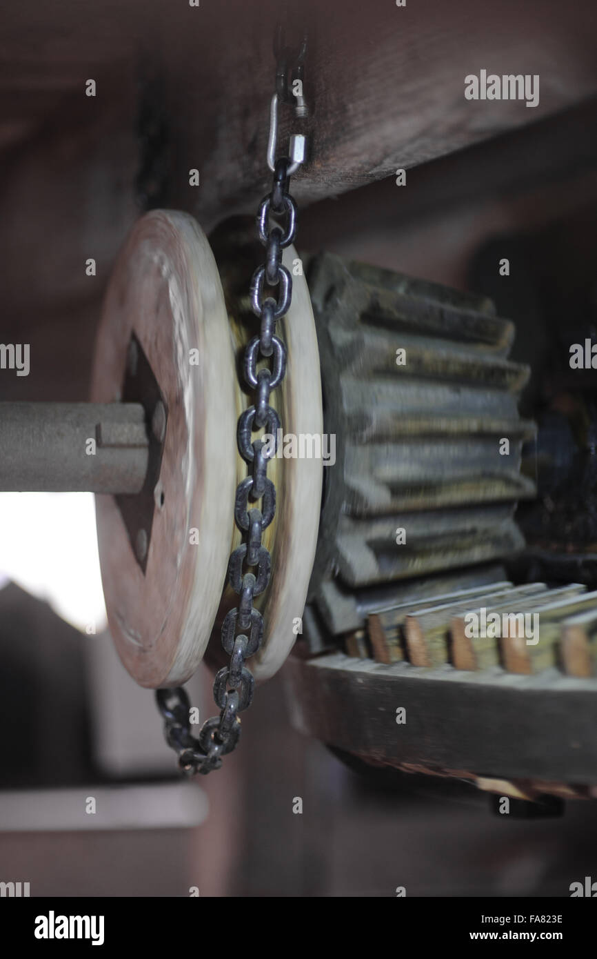Detail of machinery powering Clyston Mill, Killerton, Devon Stock Photo ...