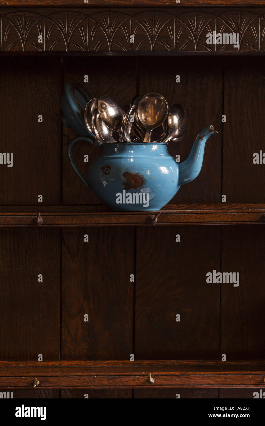 A tea-pot storing spoons in the Stable tea-rooms at Osterley Park and ...