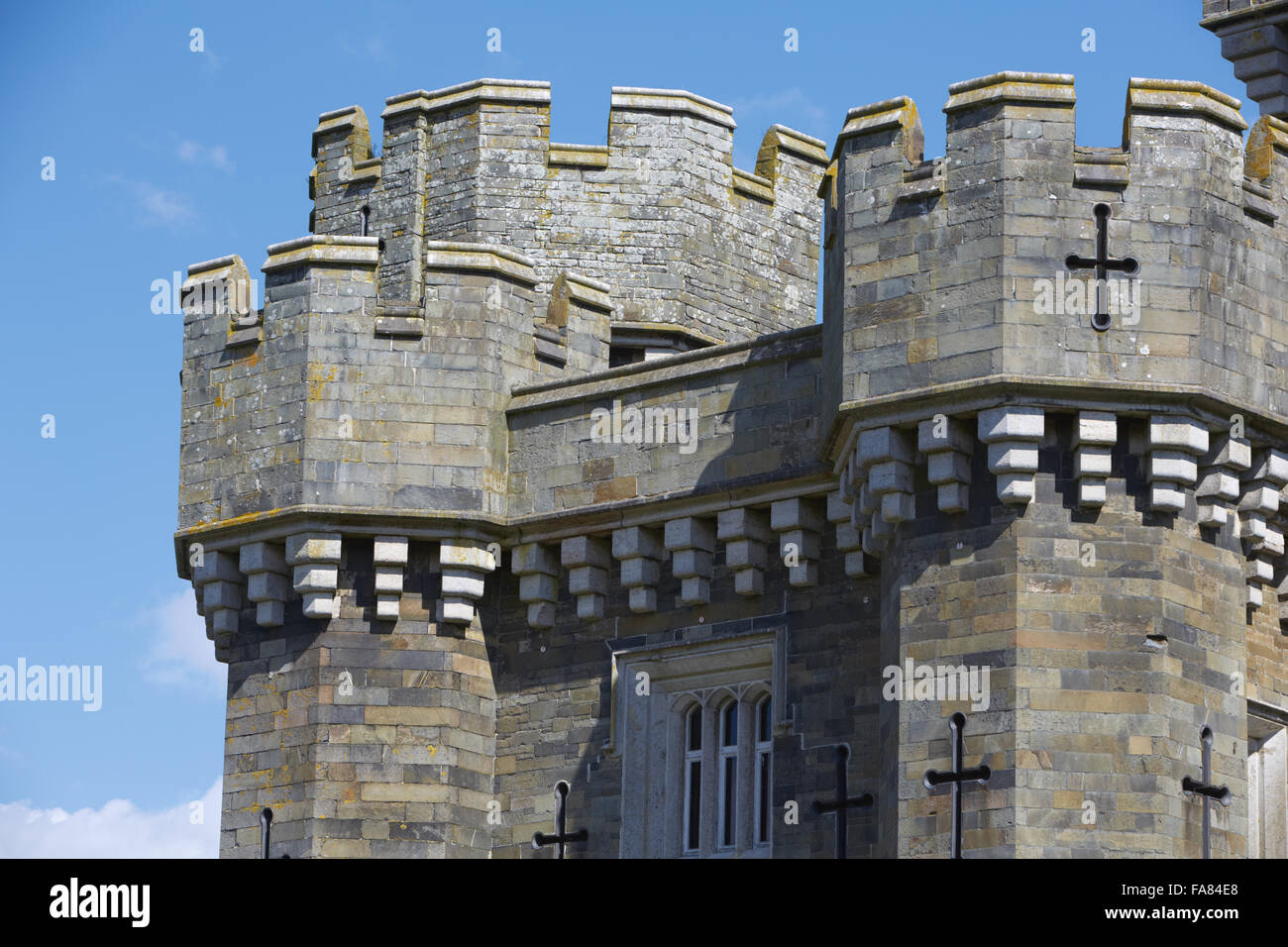 Close view of towers and turrets at Wray Castle, Cumbria. The castle ...