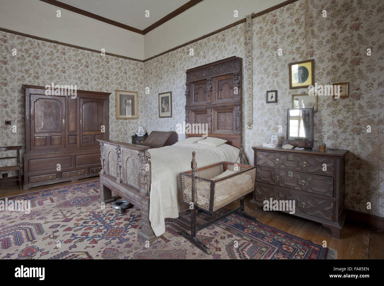 The Cavalier Room at Chastleton House, Oxfordshire. The carved oak bed ...