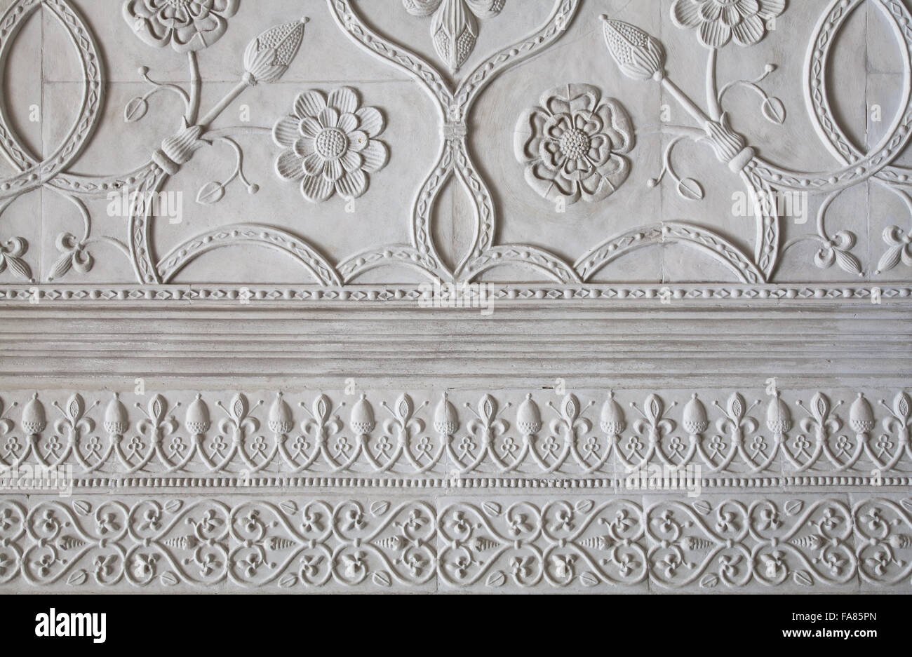 Close view of part of the plaster ceiling in the Long Gallery at ...