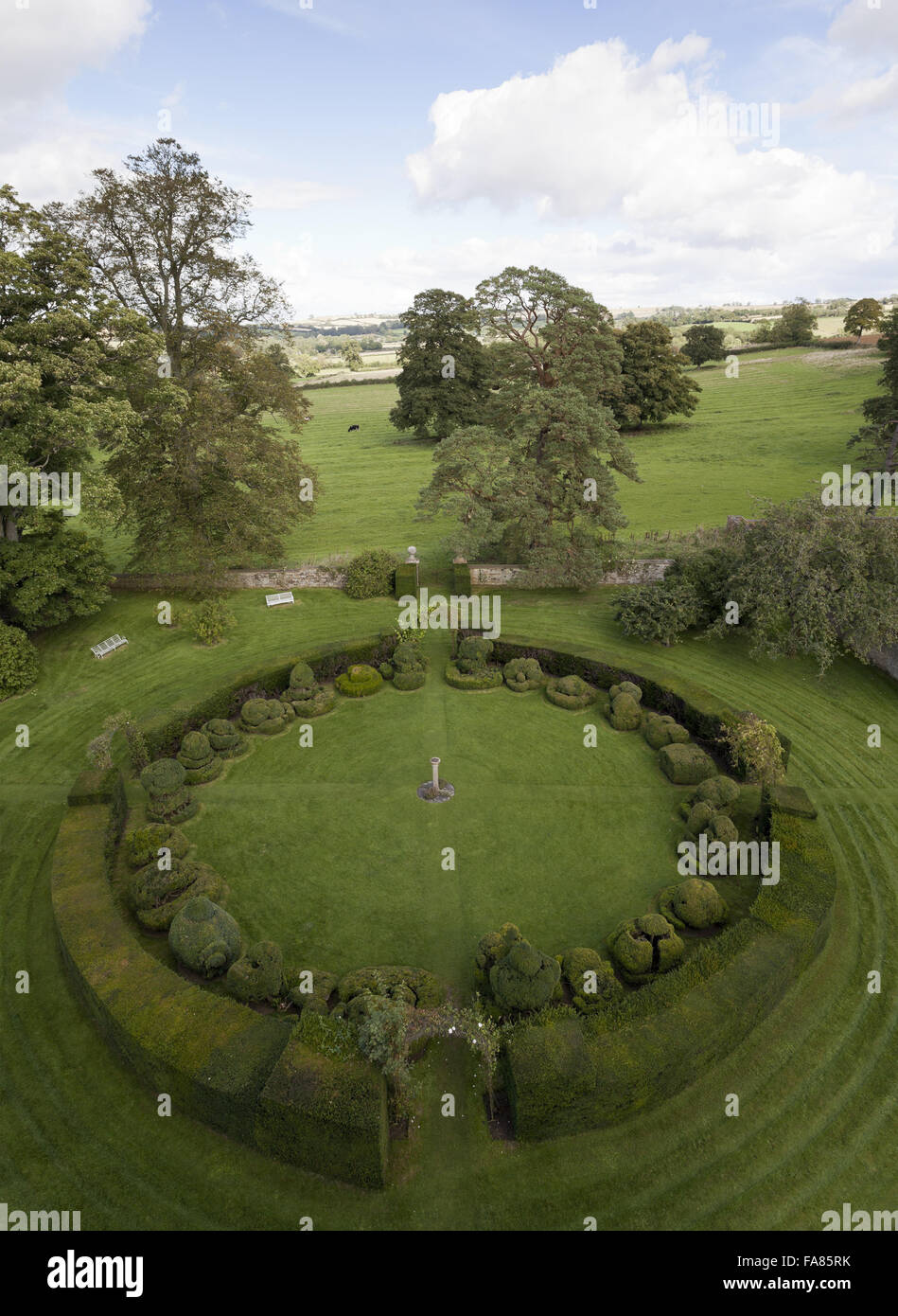 A view looking down on the topiary circle from the roof at Chastleton ...