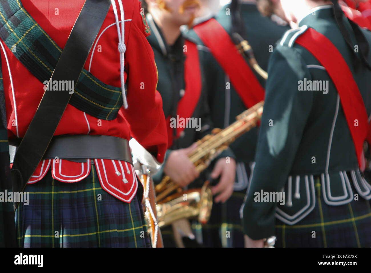 Ireland, Dublin, St Patrick's Day, group of musicians in kilts, mid ...
