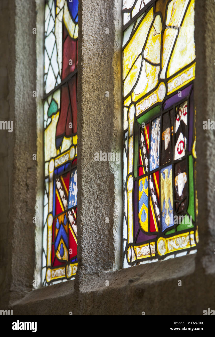 Partial view of the stained glass window in the Chapel at Cotehele ...