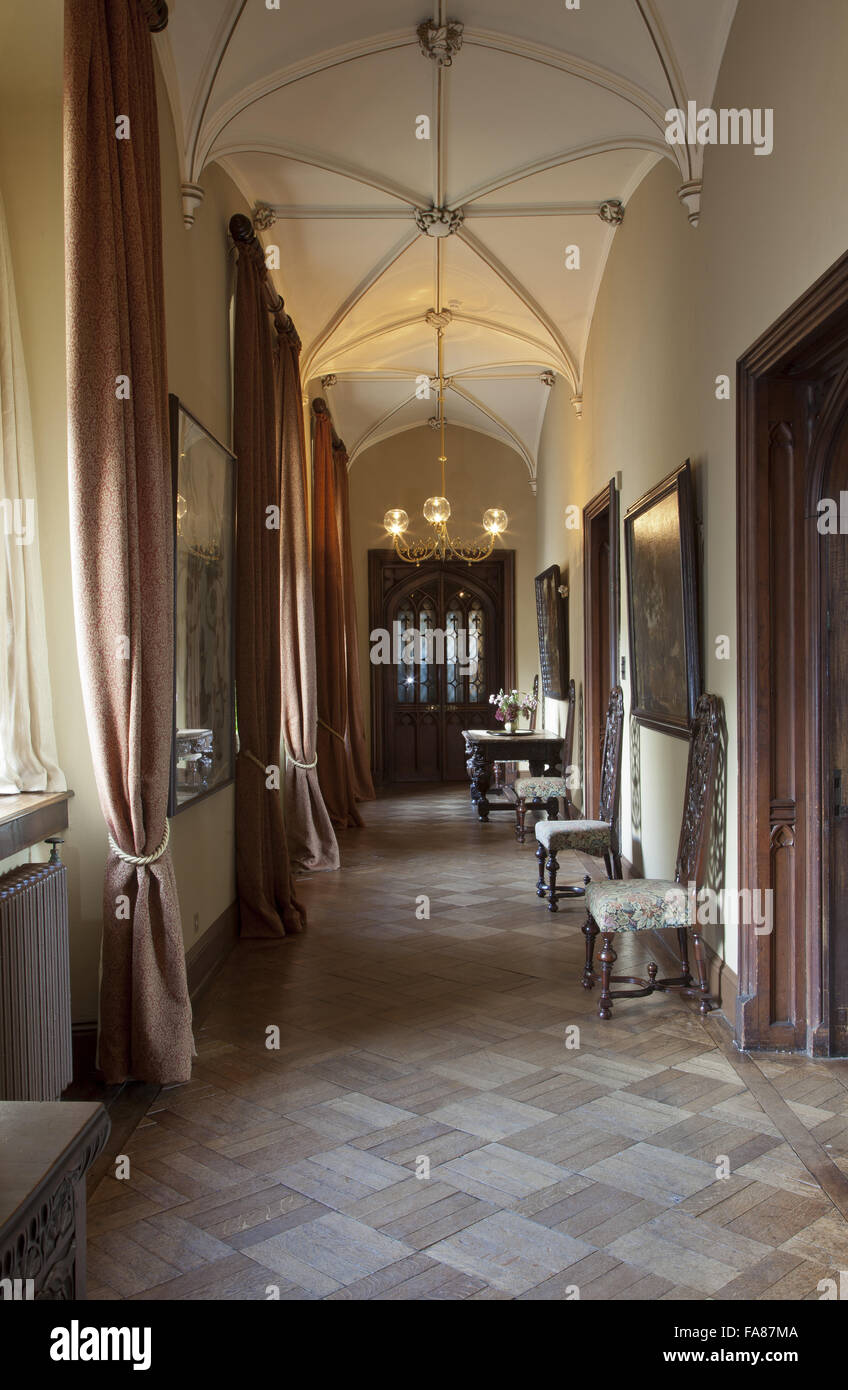 A view along the Pugin Corridor at Chirk Castle, Wrexham, Wales Stock ...