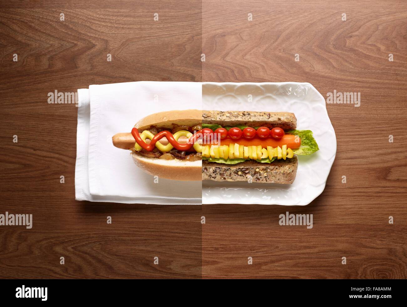 Half hot dog, half vegetable sandwich, overhead view Stock Photo - Alamy