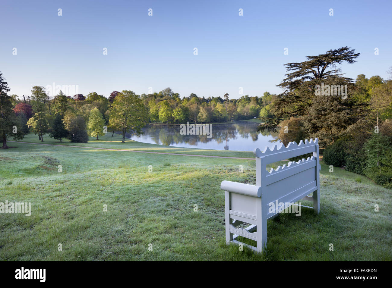 Bench overlooking the lake at Claremont Landscape Garden, Surrey Stock ...