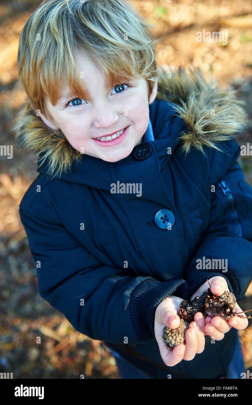 Young boy holding pine cones in hands Stock Photo - Alamy