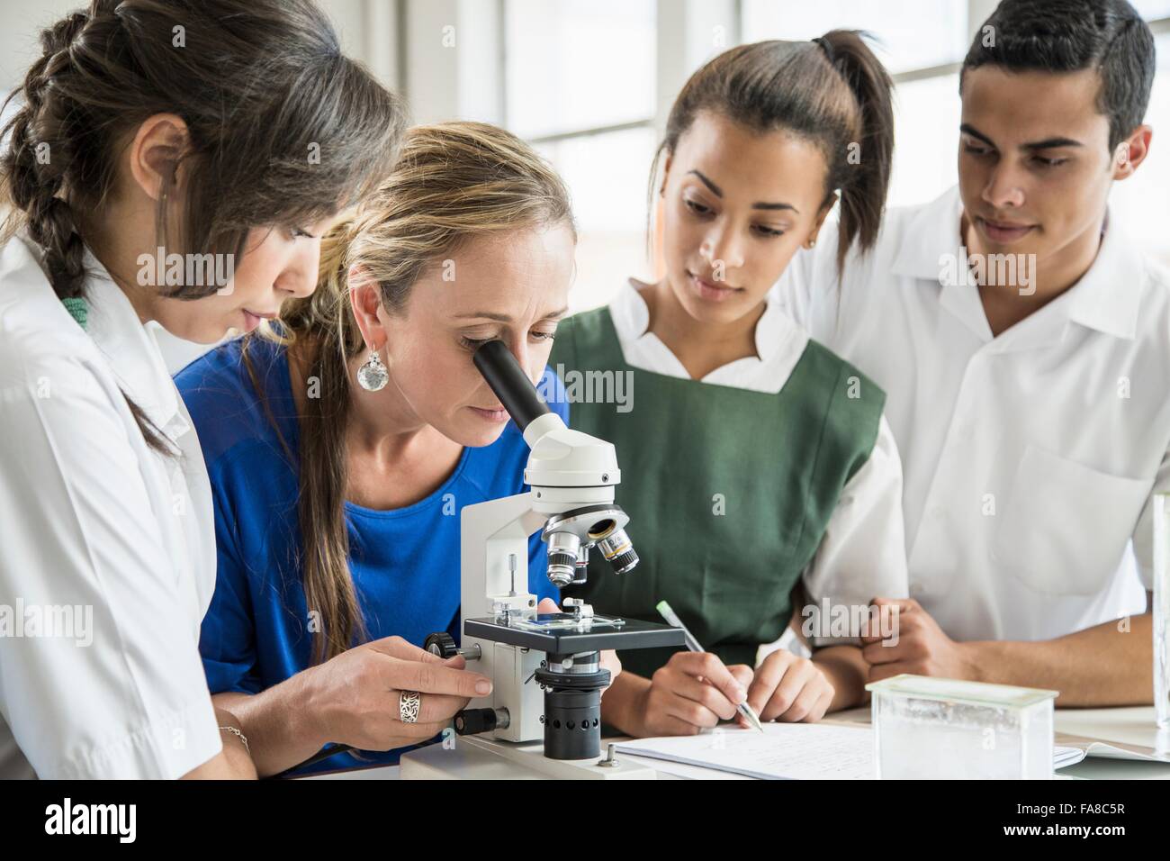 Students watching teacher use microscope in lab Stock Photo - Alamy