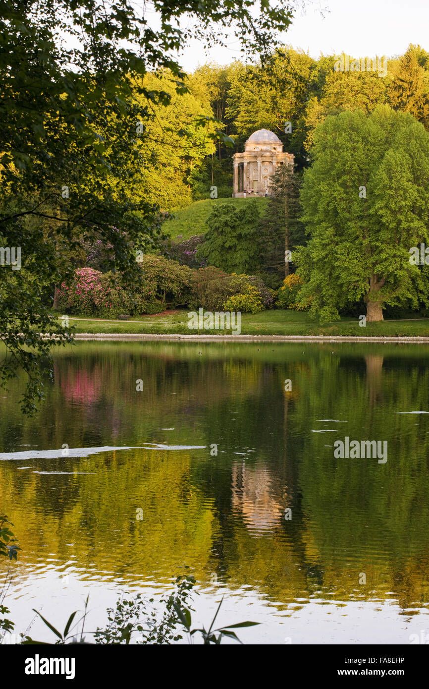 The Temple of Apollo reflected in the lake at Stourhead, Wiltshire, in ...