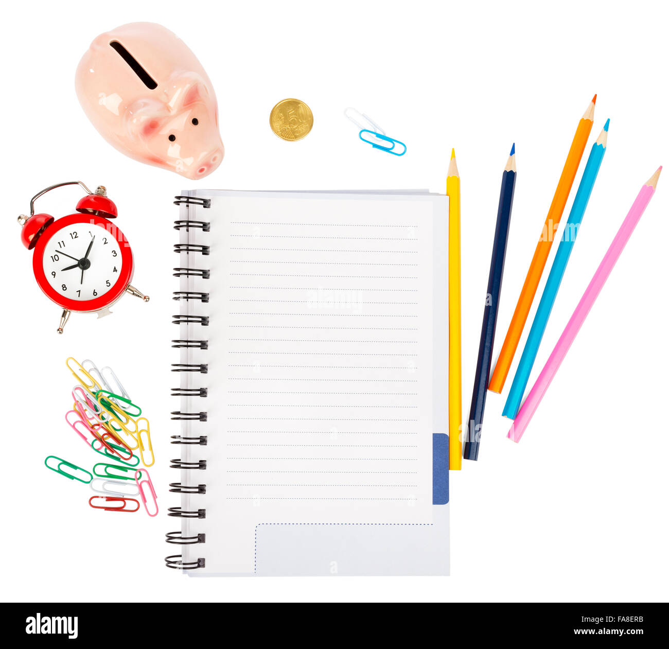 Open notebook with stationery and piggy bank Stock Photo - Alamy