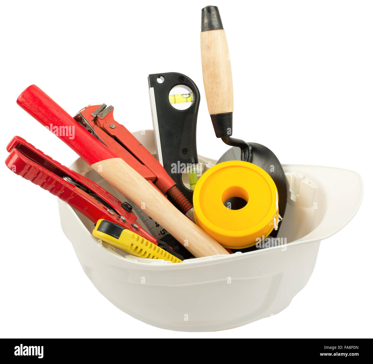 Construction worker supplies including hard hat Stock Photo - Alamy