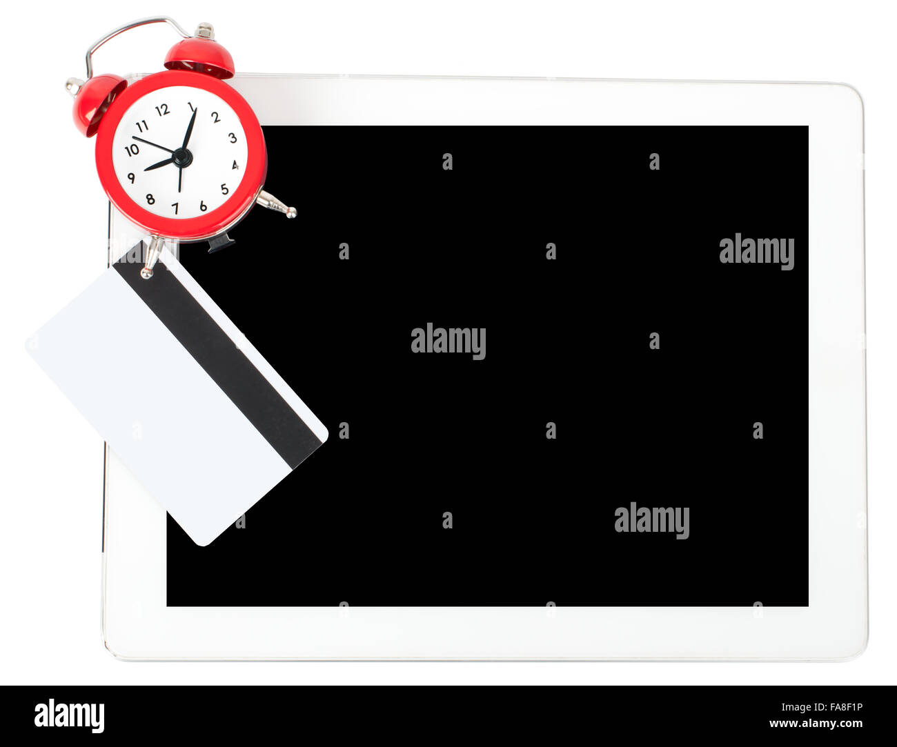 Tablet with alarm clock and credits Stock Photo - Alamy