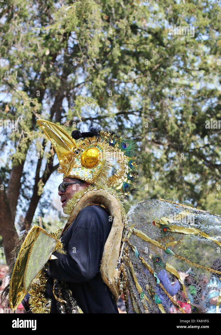 A man wearing a shiny bird costume at the May Day parade in Minneapolis ...