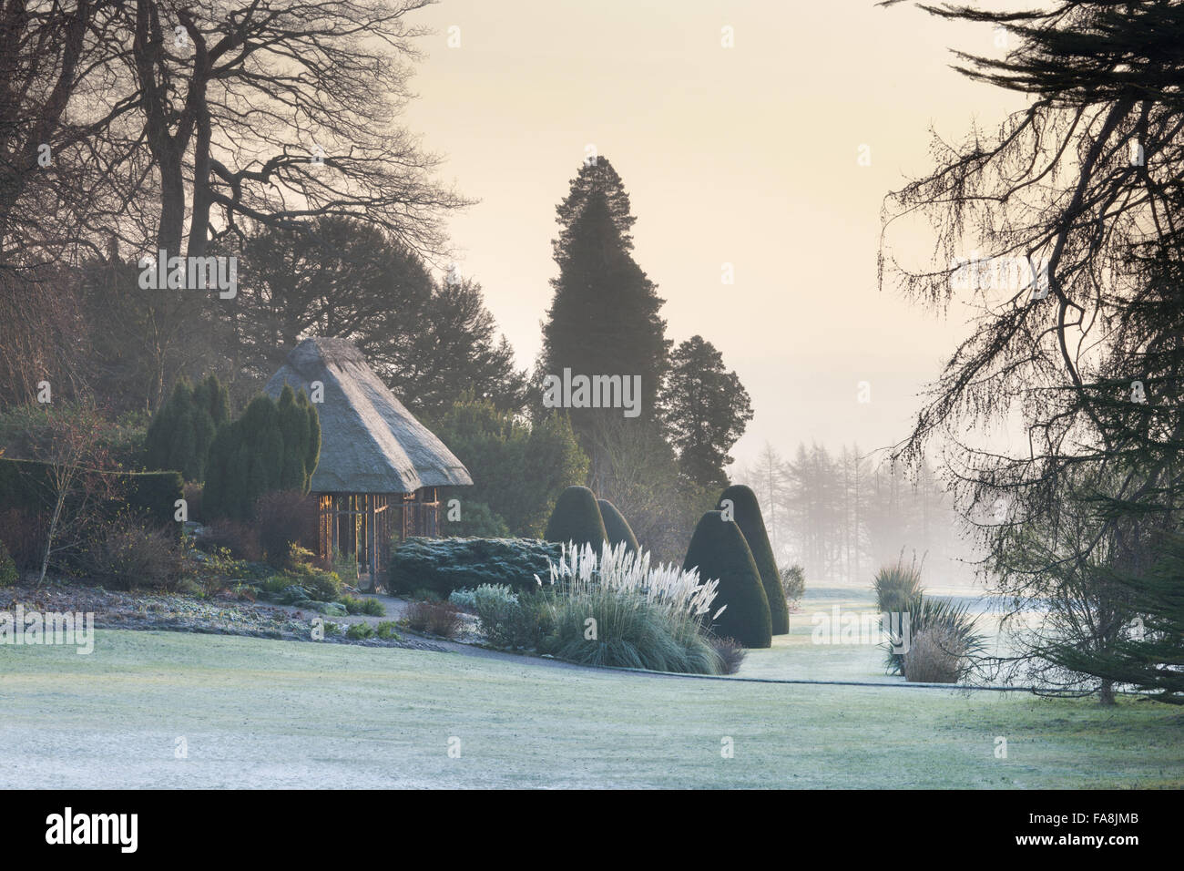 The hawk-house in the garden in winter at Chirk Castle, Wrexham. The ...