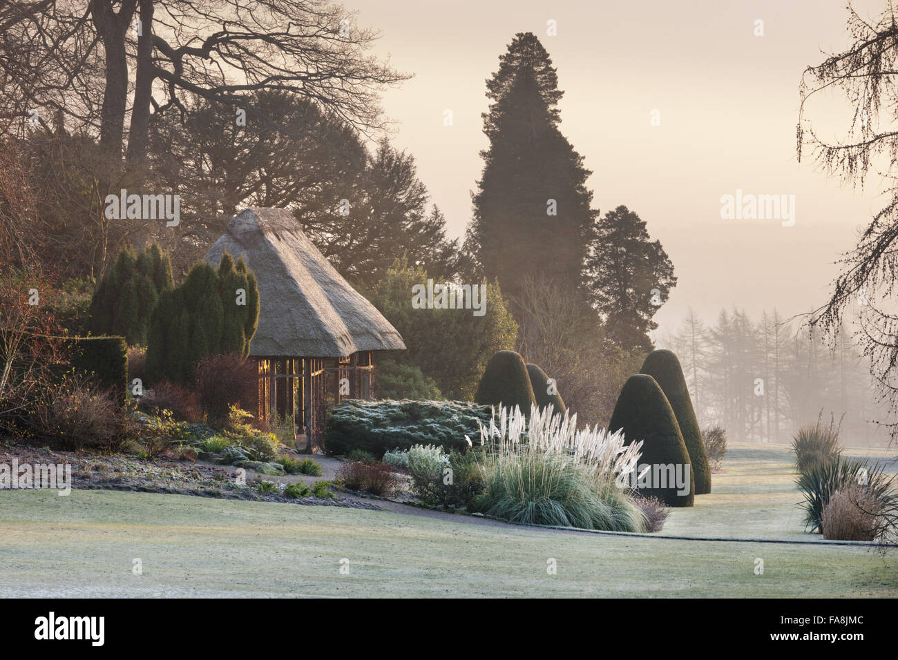 The hawk-house in the garden in winter at Chirk Castle, Wrexham. The ...