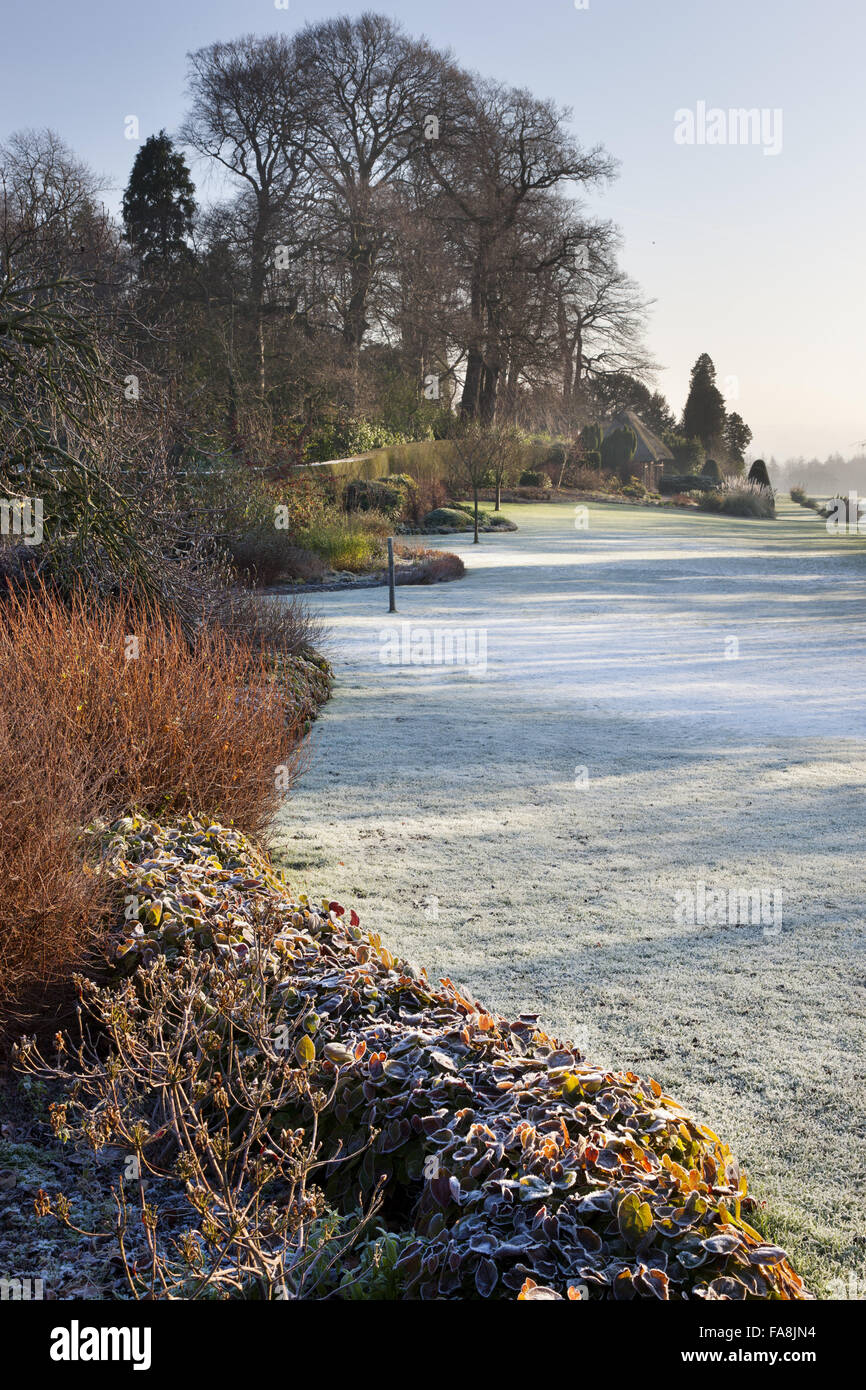 The lawn in winter with the hawk-house in the distance at Chirk Castle ...