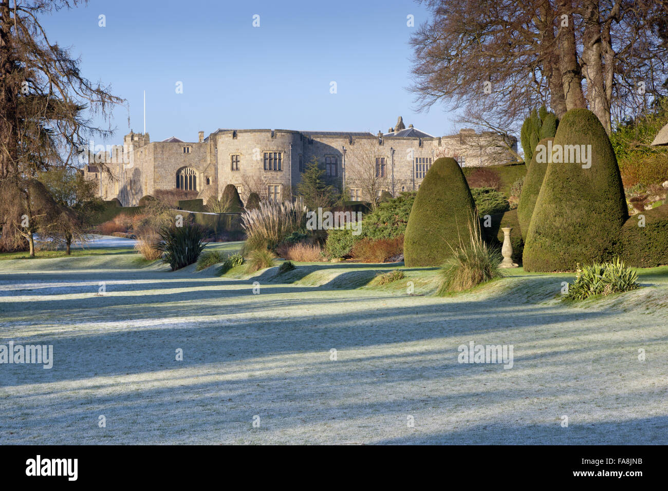 The Lower Lawn and east front in winter at Chirk Castle, Wrexham. Chirk ...