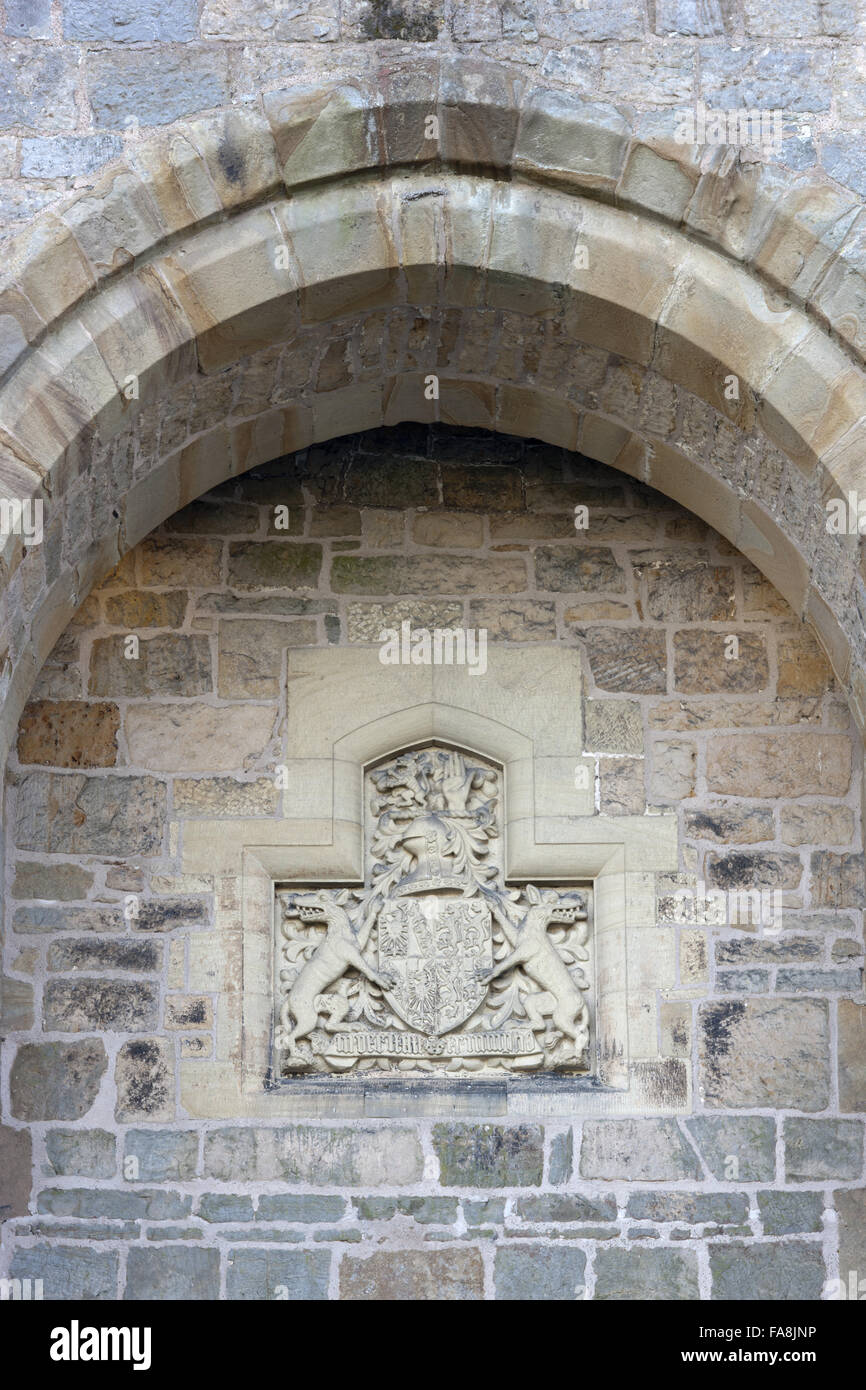 The coat of arms above the main entrance at Chirk Castle, Wrexham Stock ...