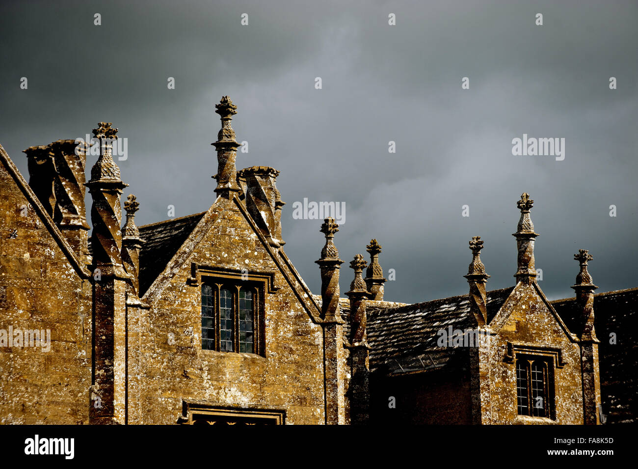 Spiral chimneys and finials of Barrington Court, Somerset Stock Photo ...