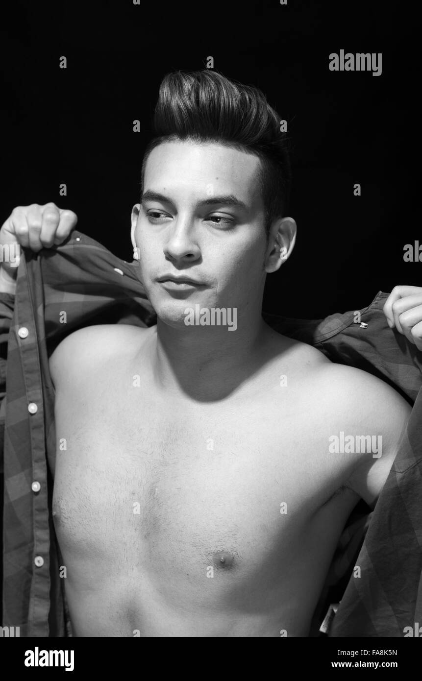 Fashion male model open shirt Black and White Stock Photos & Images - Alamy