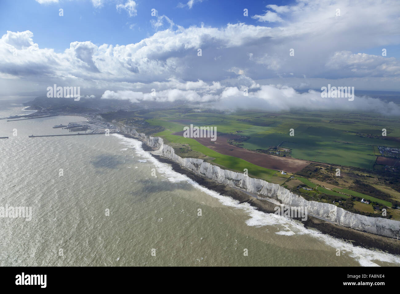 Aerial view of land on the White Cliffs of Dover coastline, Kent, for ...